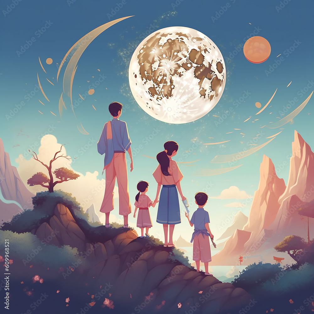 Family standing on hill and watching the moon Stock Photo | Adobe Stock