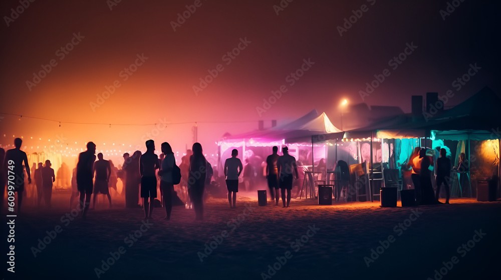 Party beach. Blurred people having night beach party in summer vacation ...
