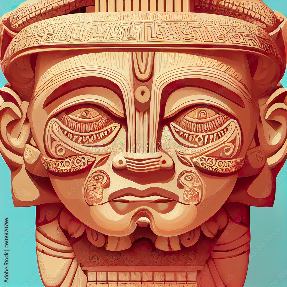 Primordial presence. Intense closeup of maya totem deity's visage ...