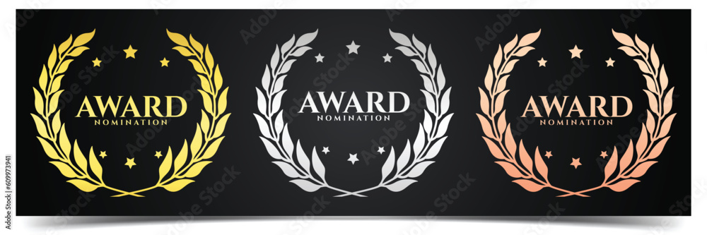 Vetor de Set of gold, silver and bronze laurel wreath. Winner label ...