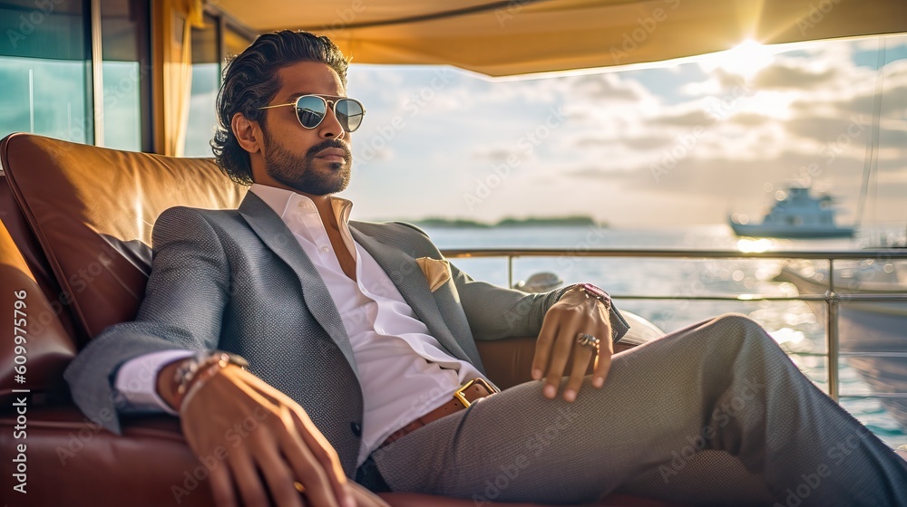 A fictional person. Stylish businessman on yacht engaged in a phone ...