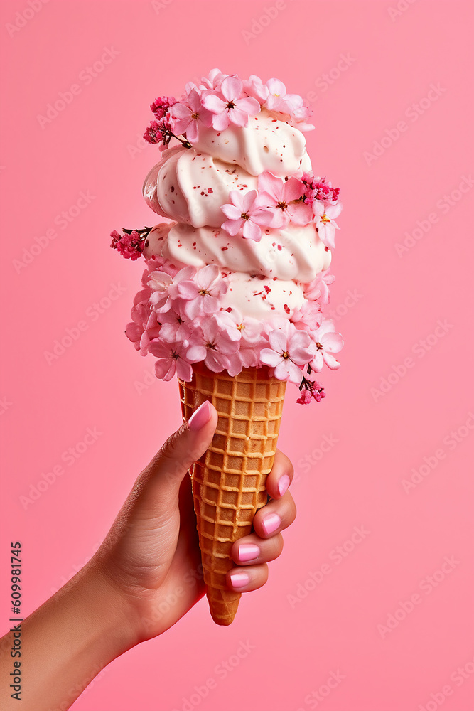 A female light-skinned hand with pink nails holding an ice cream waffle ...