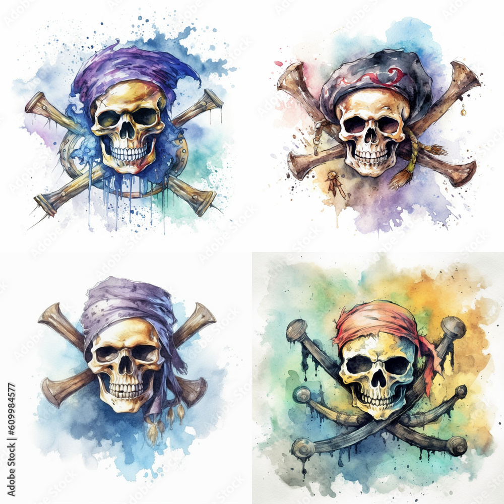 Pirate Symbol Jolly Roger Skull And Crossbones On A Flag Watercolor