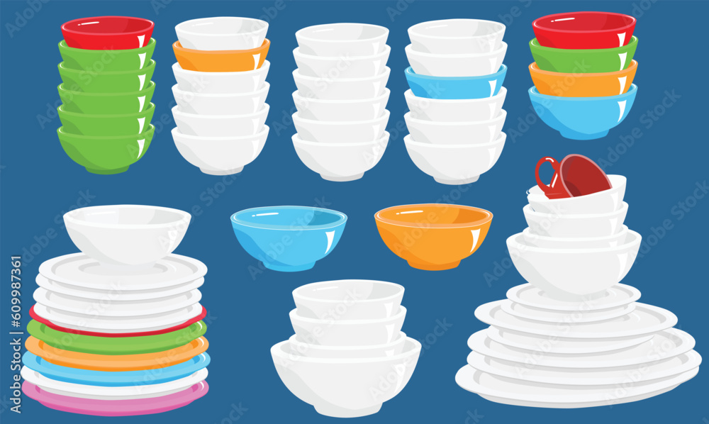 White and multicolor ceramic dishes stack on wood table vector ...