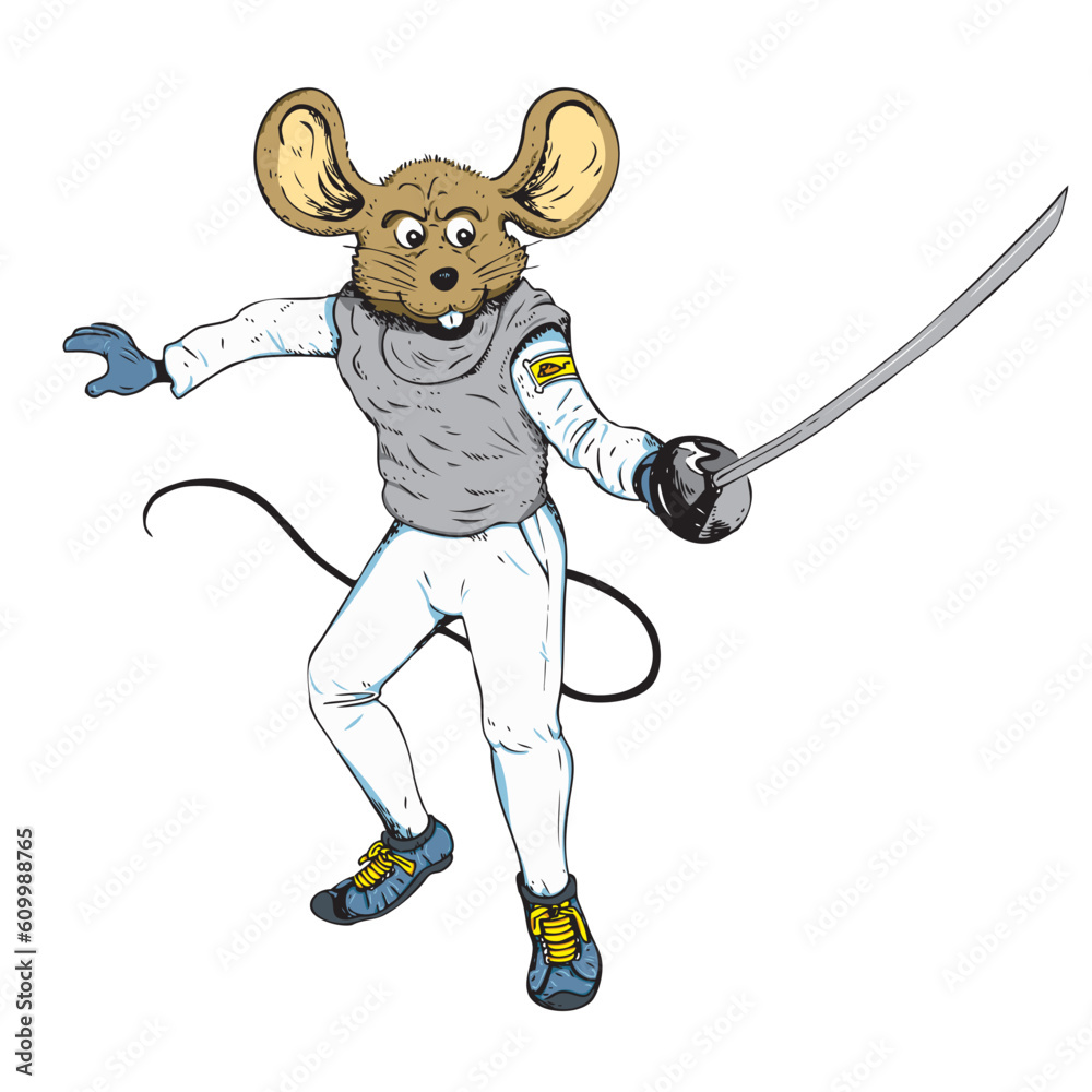 Fencer mouse dressed in fencing attire and practicing with the sword ...