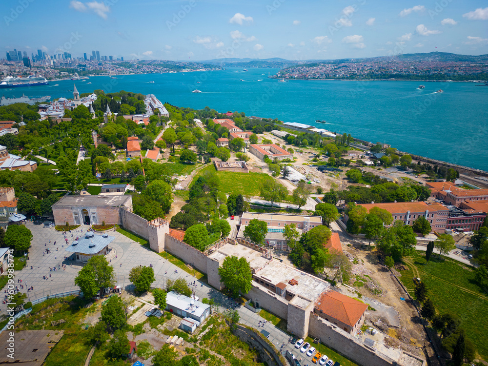 Topkapi Palace aerial view in Sultanahmet with Bosporus Strait at the ...