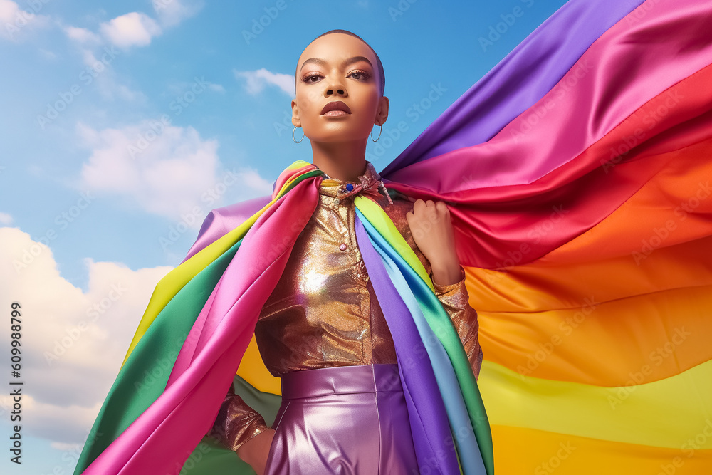 Female individual wearing striking rainbow streetwear and flag; concept ...