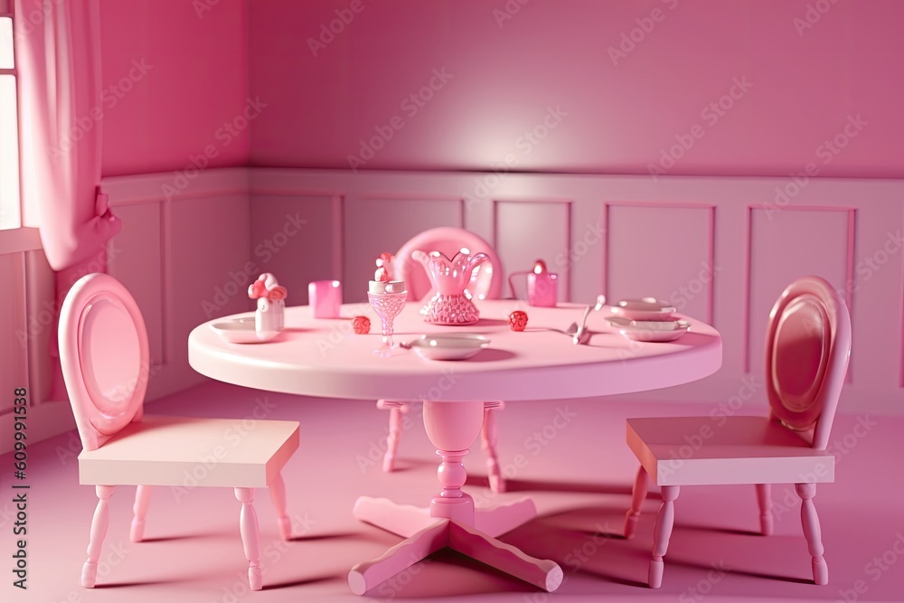 Pink dollhouse. Dining room interior in miniature. Small cute table and ...