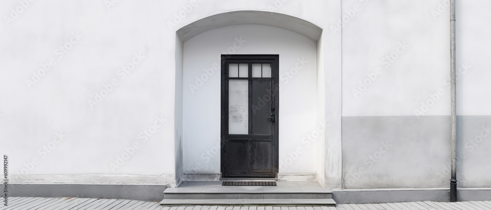 Front doors on street. Mockup with facade of a town building with ...