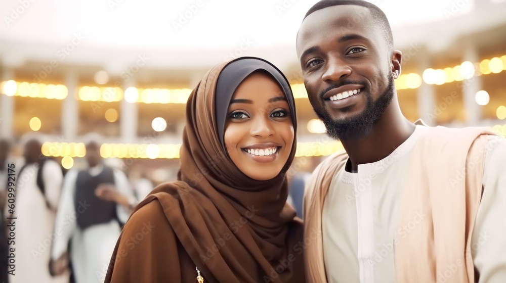 Muslim couple taking selfie with phone showing view of kaaba in Mecca ...