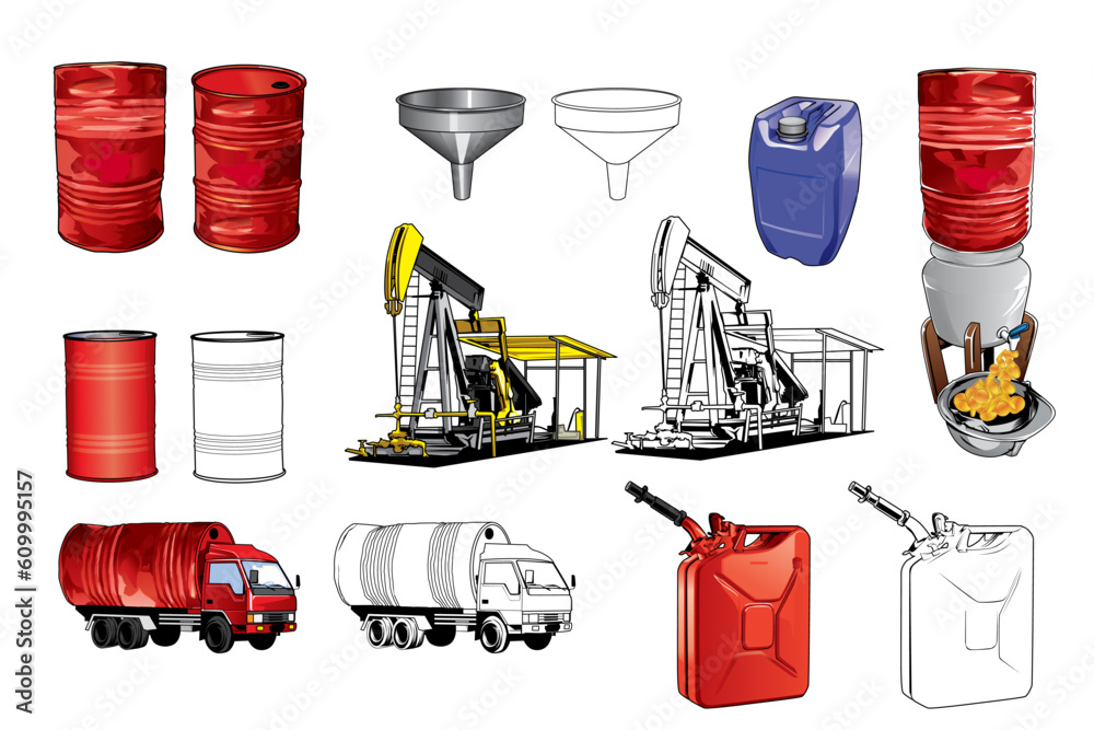 set of illustration of oil can, oil funnel, oil jerry can, oil tanker ...
