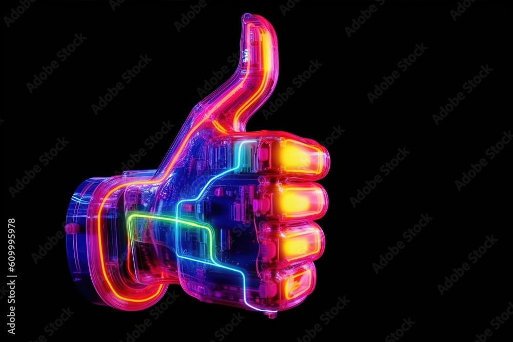 Thumb up symbol in cyberspace showing like or good. Robotic hand with ...