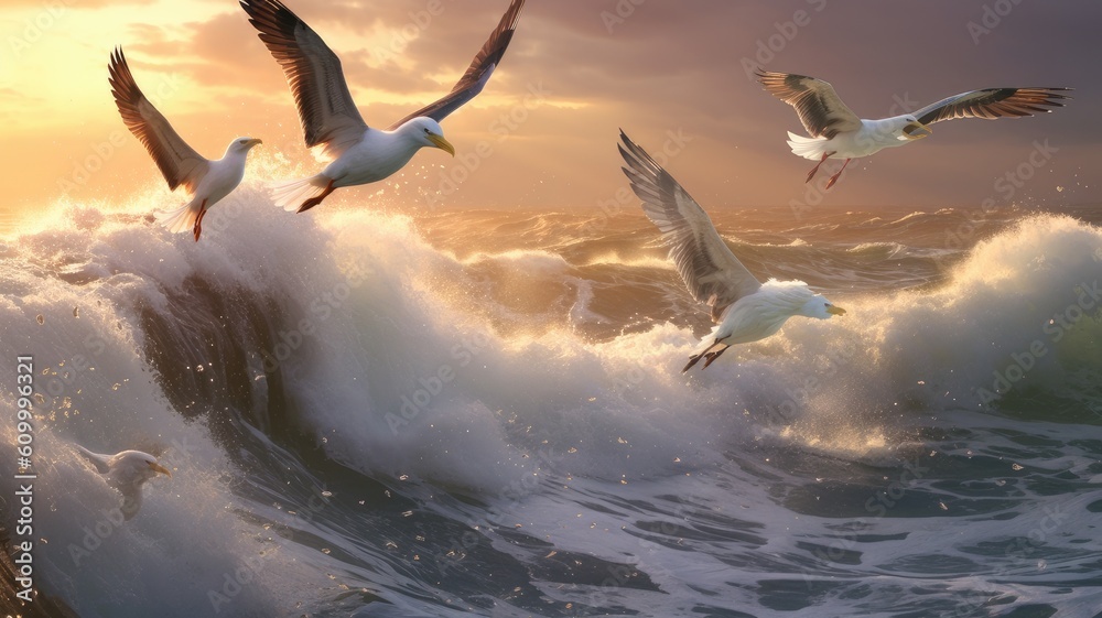 Seabirds: Images depict various species of birds, such as seagulls or ...