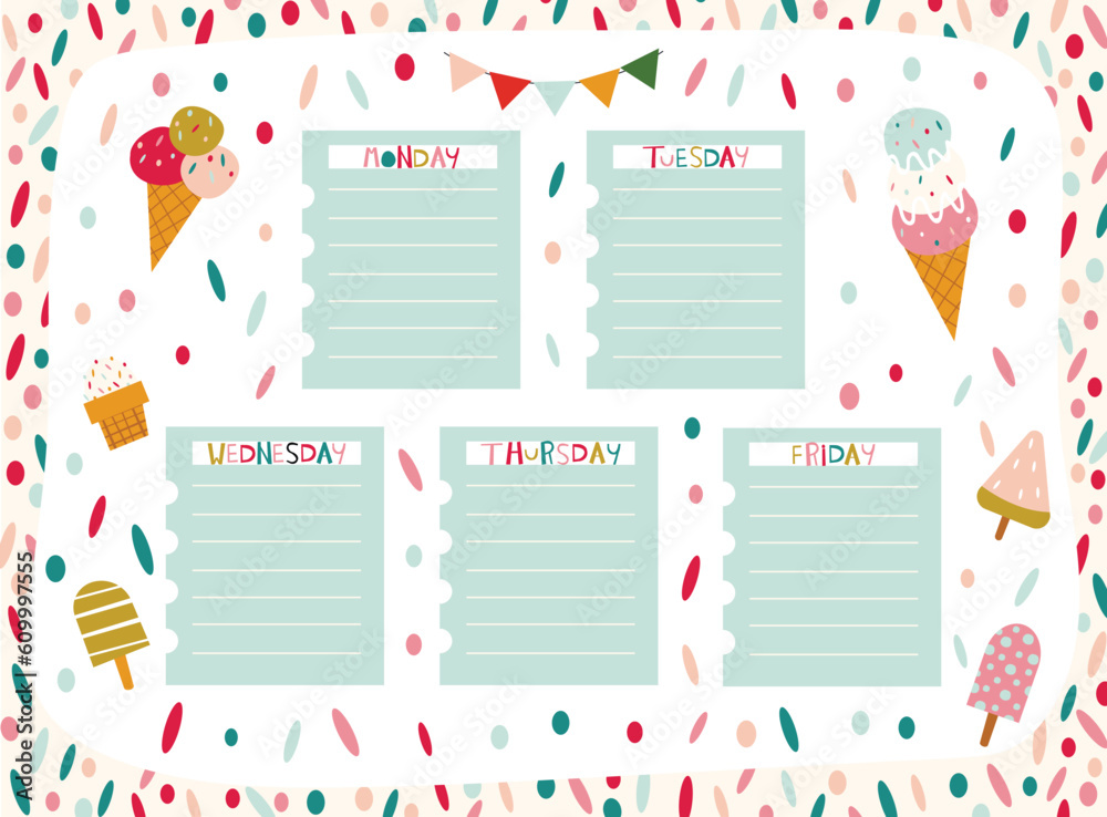 Ice cream weekly planner. Kids schedule of classes. Notes and to do ...