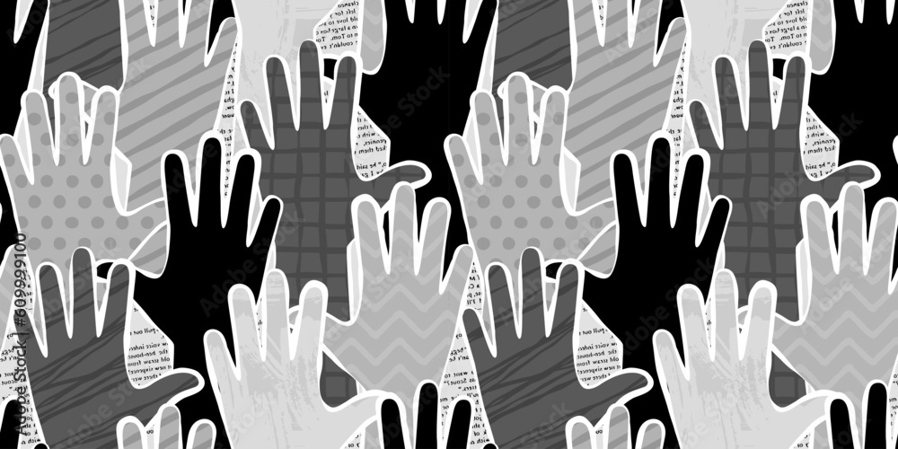 Black and white people hand abstract art seamless pattern. Multi-ethnic ...