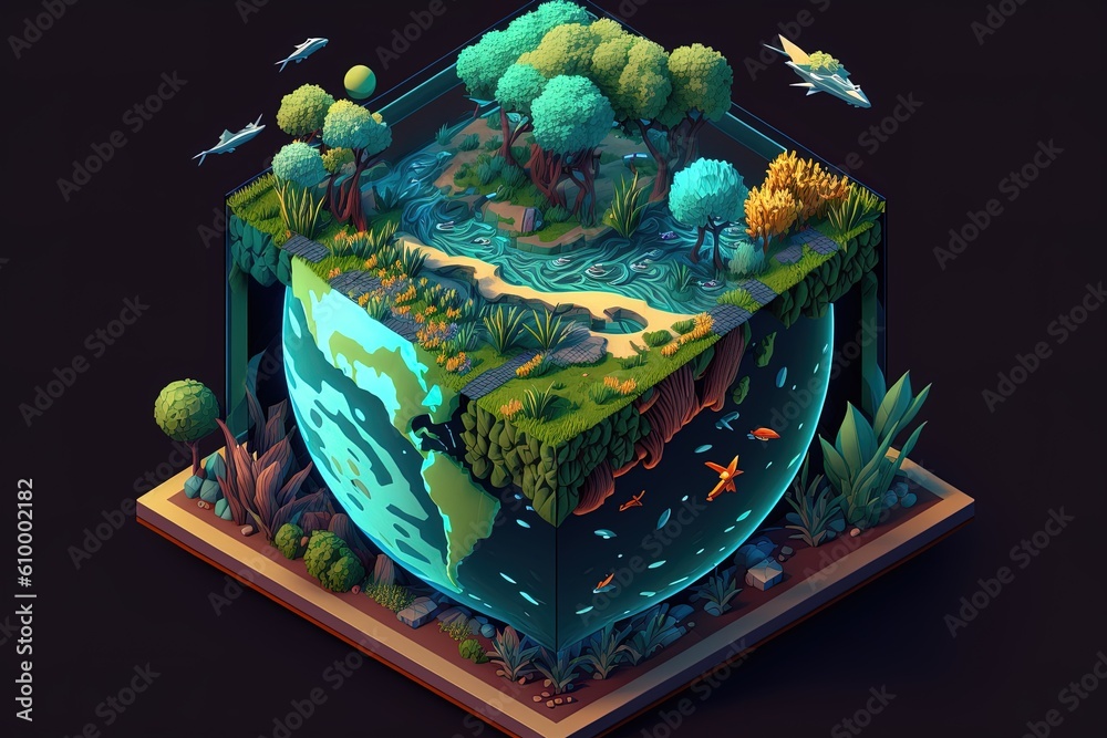 isometric 3d nature of earth with air, land and green trees generated ...