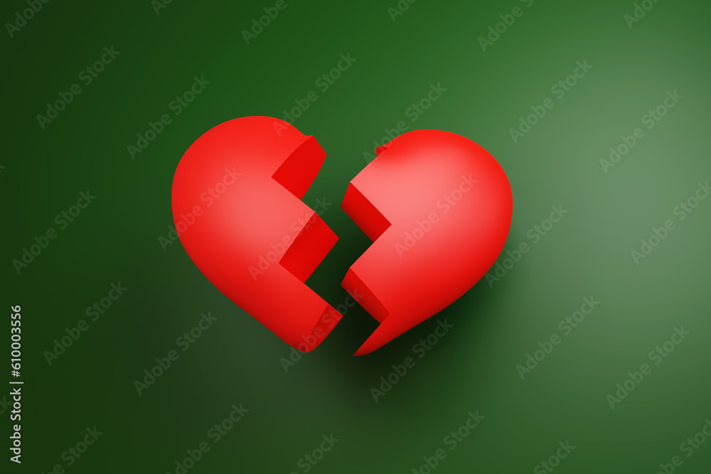 Red heart divided into 2 halves on dark green background with shadow ...