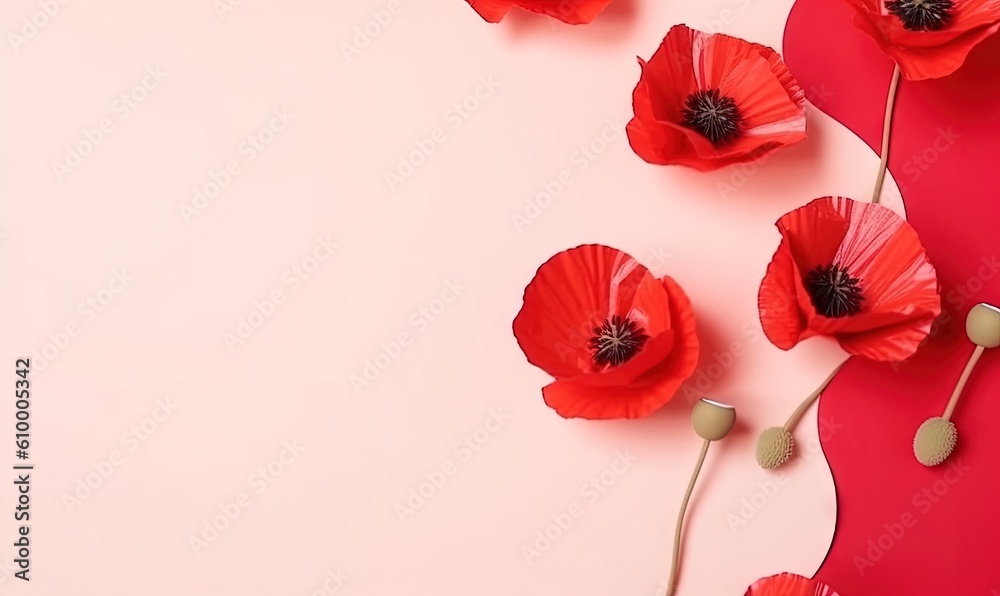 red poppies on a pink background with a music note and a red heart with ...