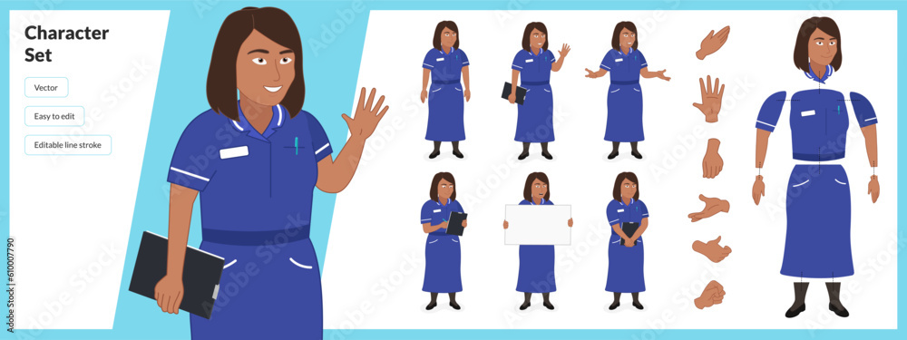 Illustration of female NHS worker, wearing blue nurse outfit in a set ...