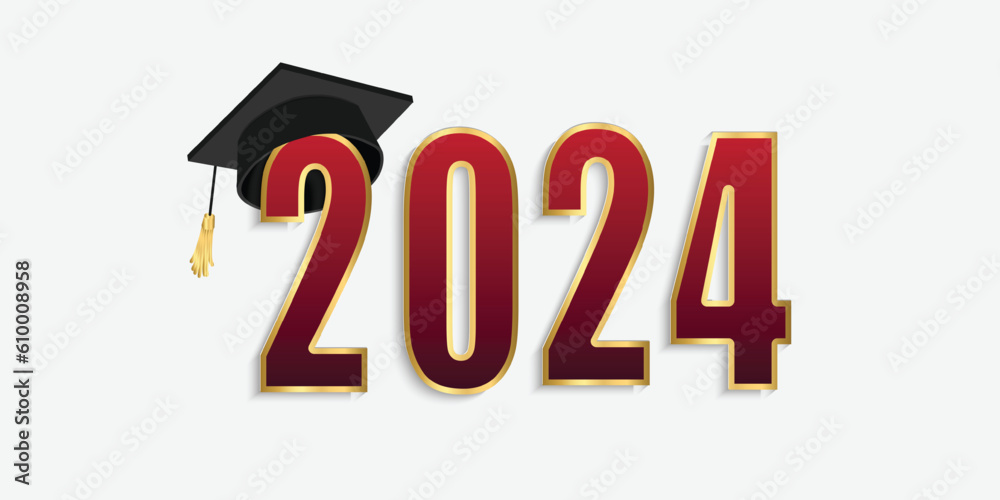 2024 red and gold numbers with graduation hat. vector illustration ...
