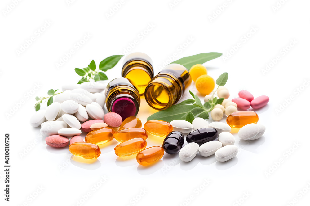 Flat composition of different vitamin capsules and dietary supplements ...
