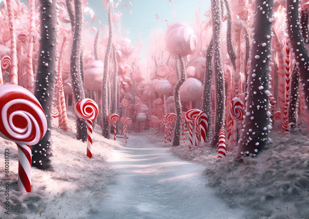Candy cane snow forest, christmas. generative ai Stock Illustration ...
