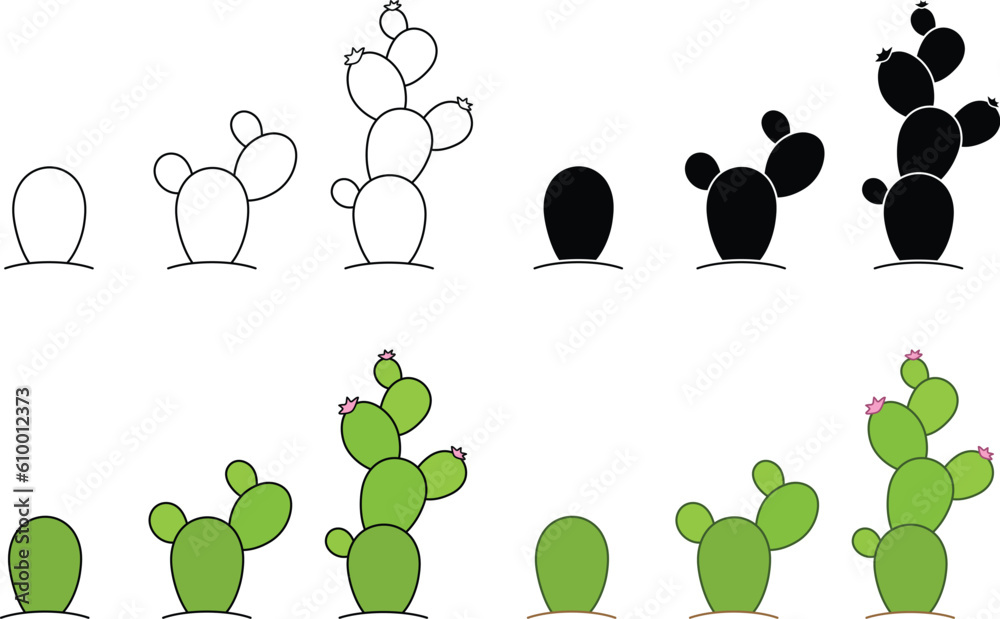 Simple Cactus Clipart Set - Outline, Silhouette & Color Stock Vector ...
