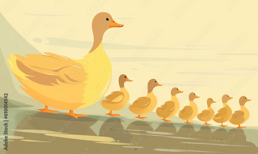 a group of ducks are walking along a line of ducks on the water's edge ...