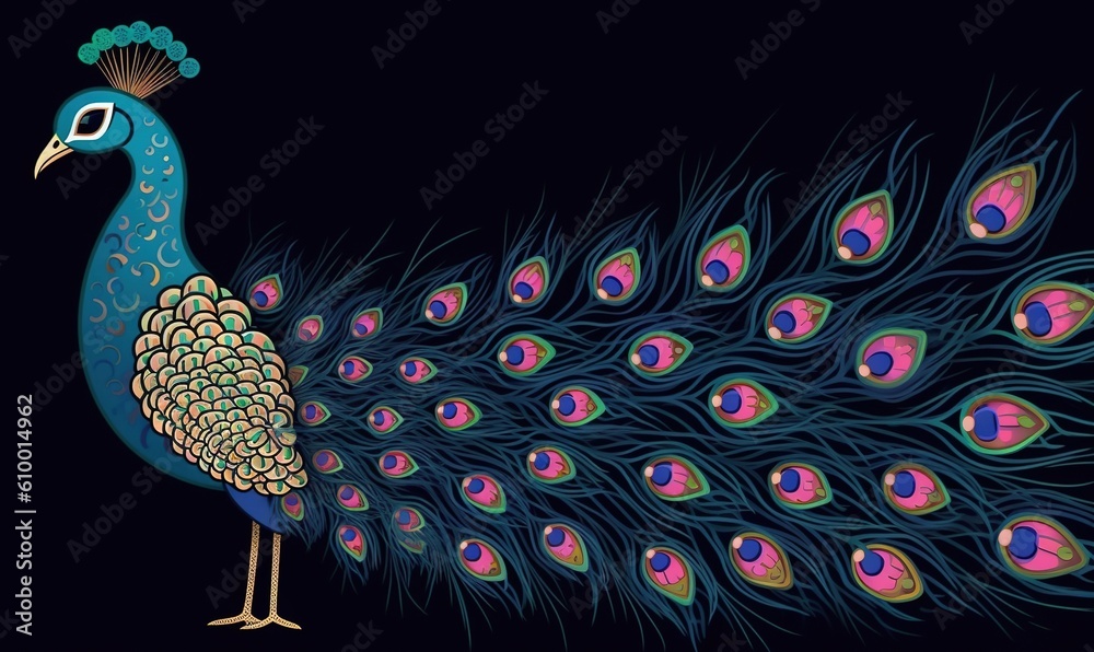 a colorful peacock with feathers spread out on a black background with ...