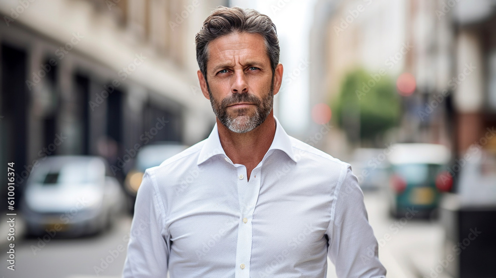 Portrait of a handsome business man in his 40s or 50s. The male is ...