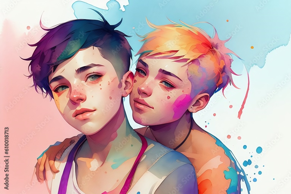 A watercolor drawing of a portrait of lesbian girls, made in various ...