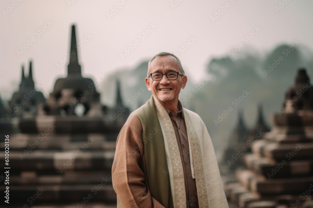 Asian senior man in front of Borobudur temple in Yogyakarta, Java ...