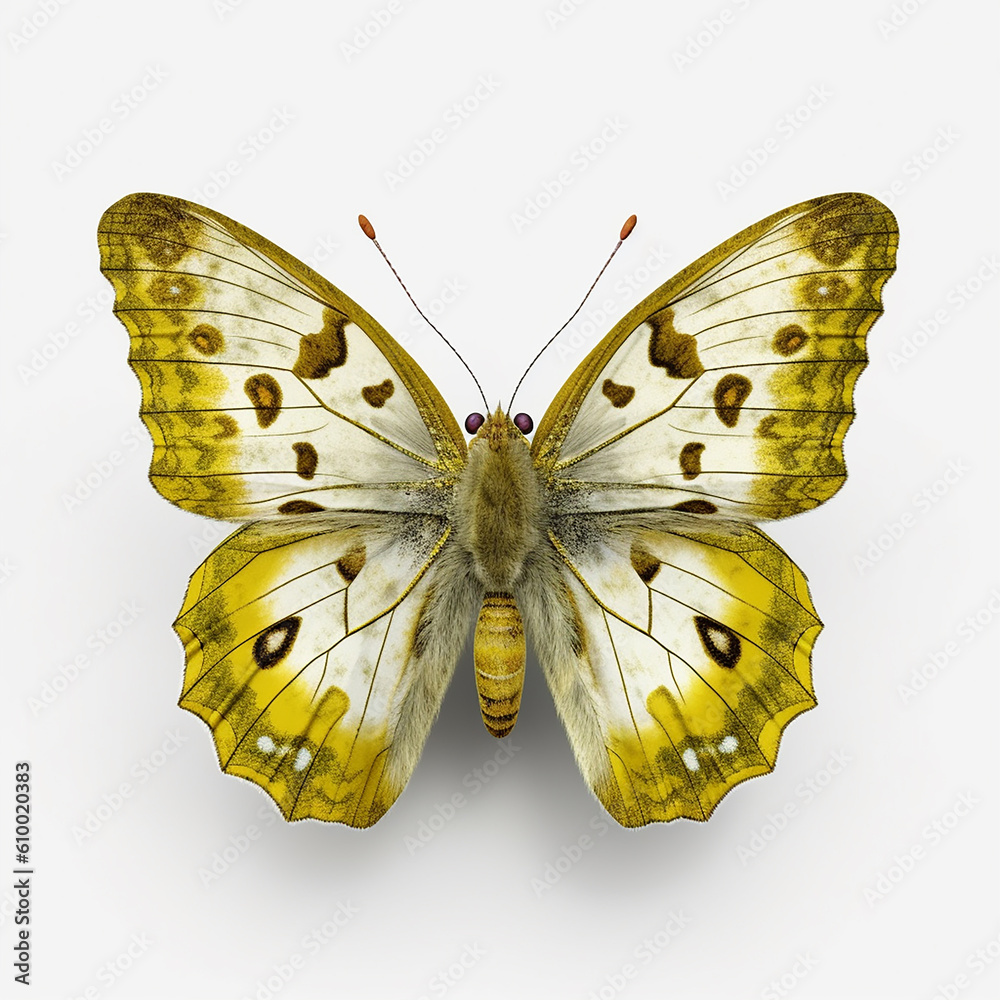 Yellow, white and olive green butterfly with white background ...