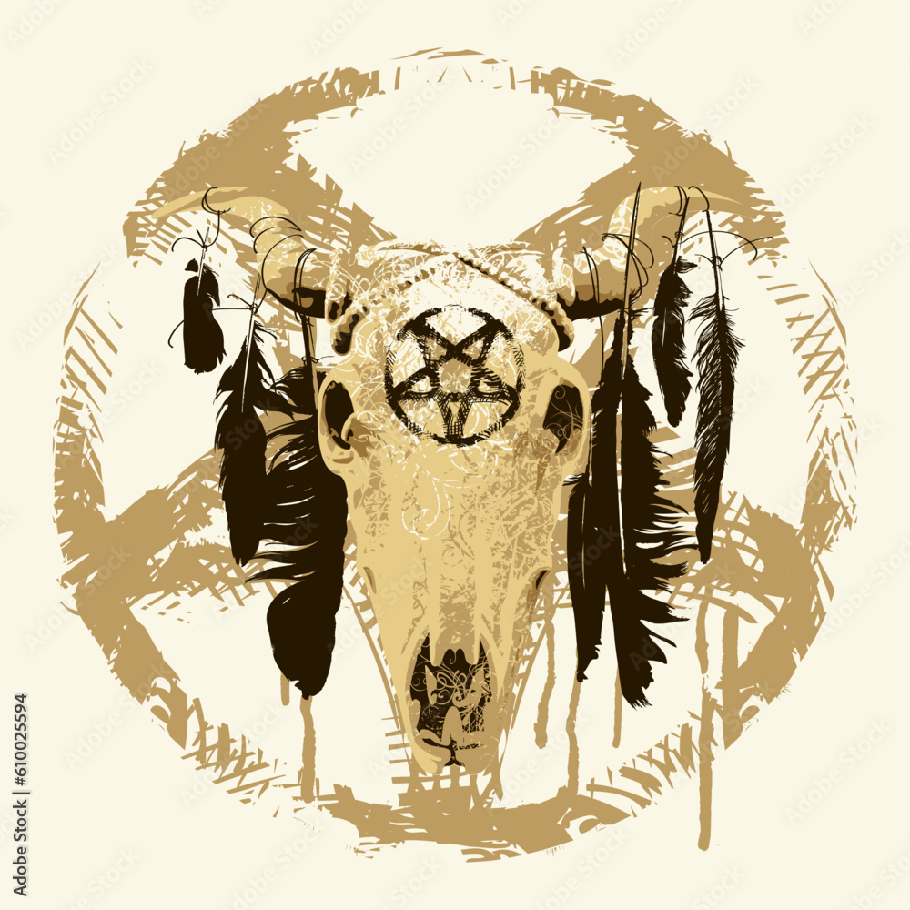 ethnic indian, american or mexican bull or cow skull with feathers on ...