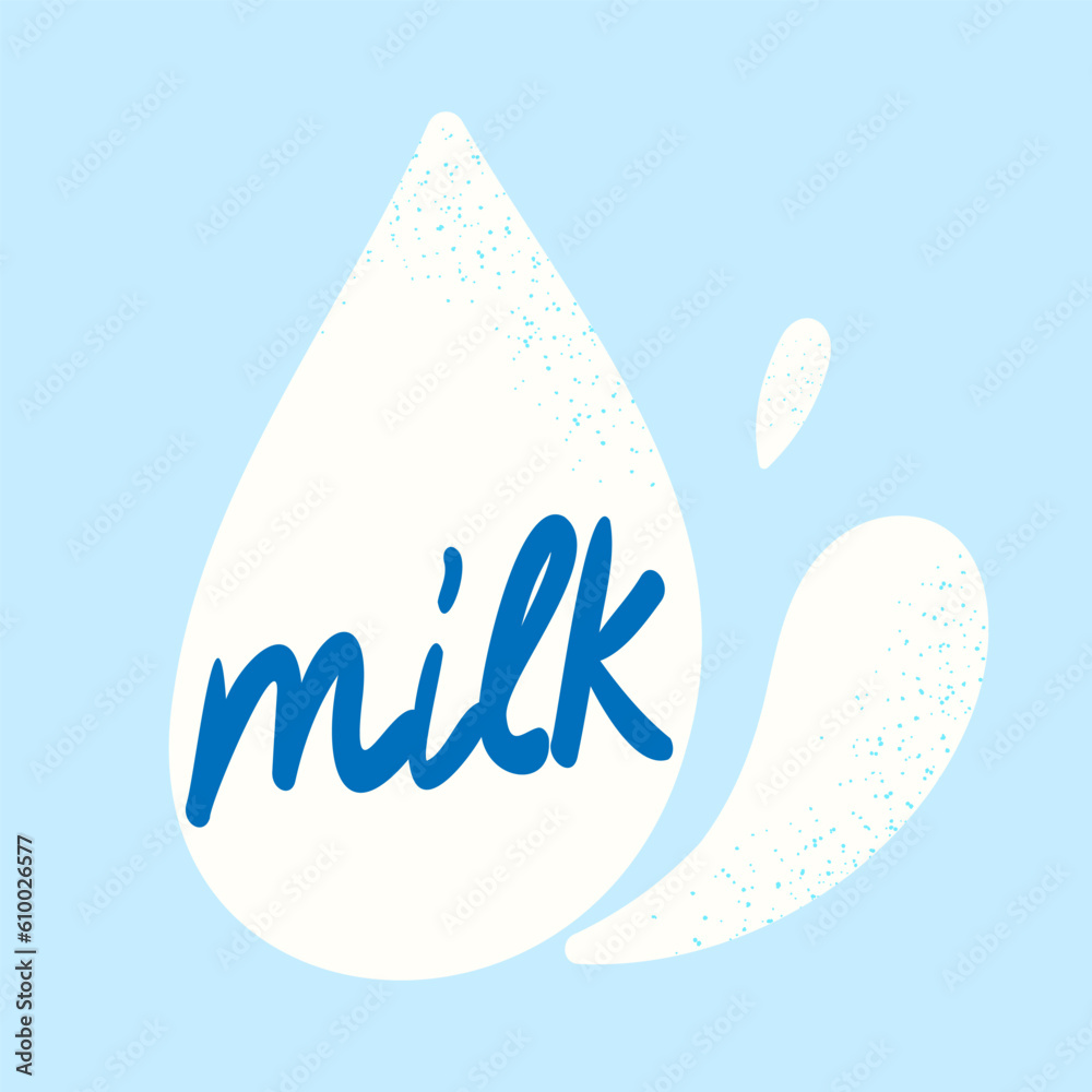Milk drop with splashes and handwritten word. Doodle clip art element ...