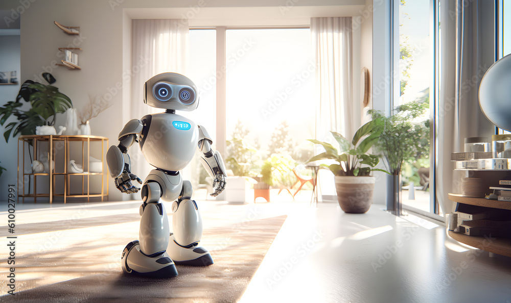 Domestic robot home assistant with a friendly appearance in the living ...