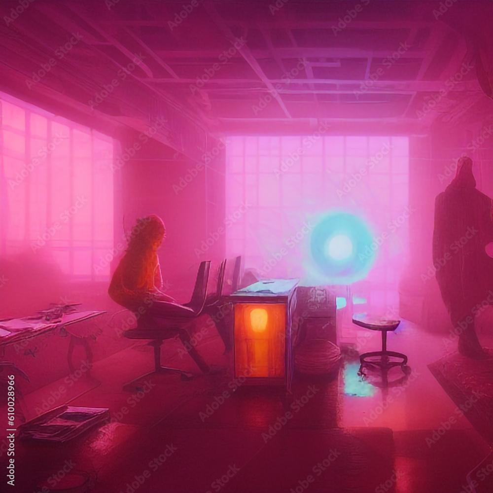 home interior style neon lighting window outline city view, futuristic ...