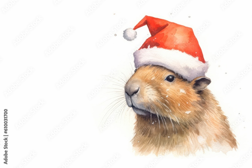 Painted Christmas capybara in Santa hat on white background. Capybara ...