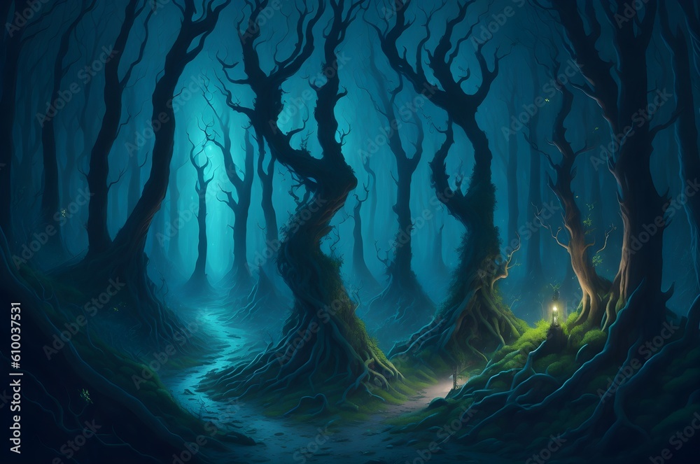 a mystical forest glade, where shimmering wisps of light guide ...