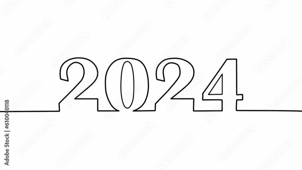 Appearing Text 2024 Continuous One Line Drawing. Black outline nubmer ...
