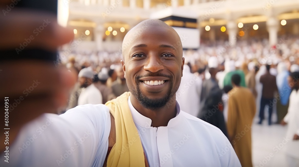 ภาพประกอบสต็อก Muslim man taking photo with phone camera showing view ...