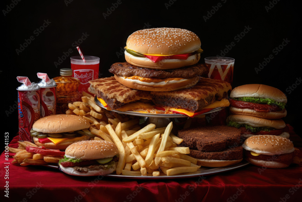 Different Types Of Junk Food On Table Unhealthy Nutrition Created With Generative Ai Stock