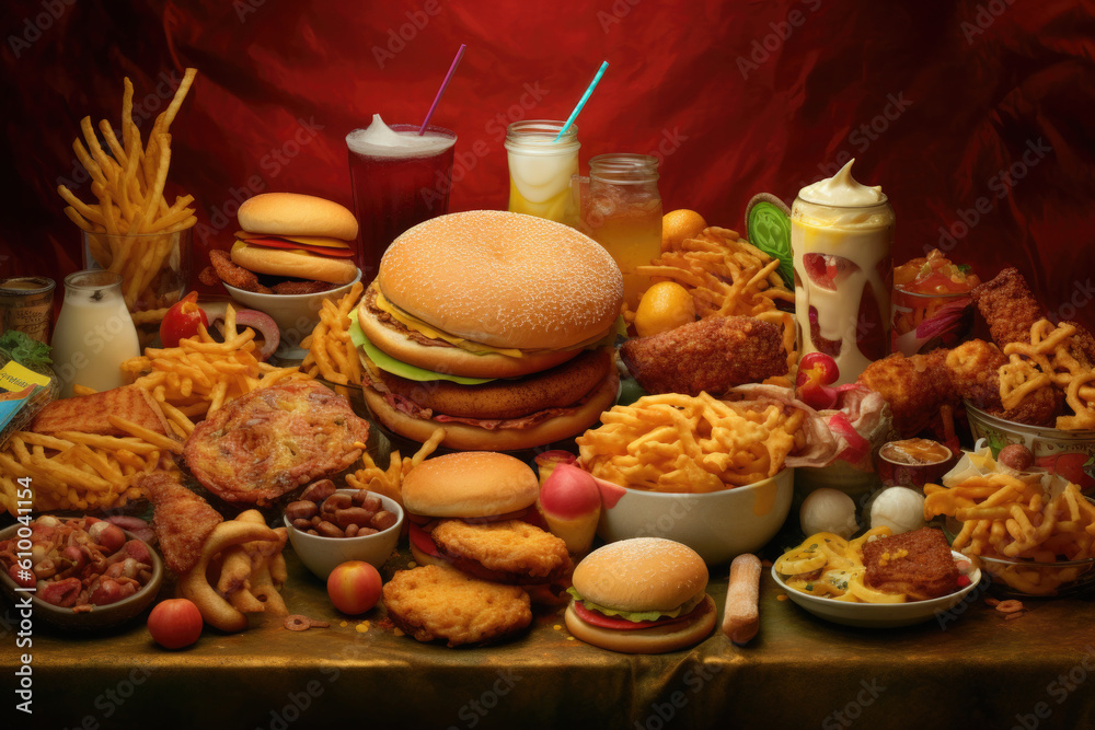 Different Types Of Junk Food On Table Unhealthy Nutrition Created With Generative Ai Stock