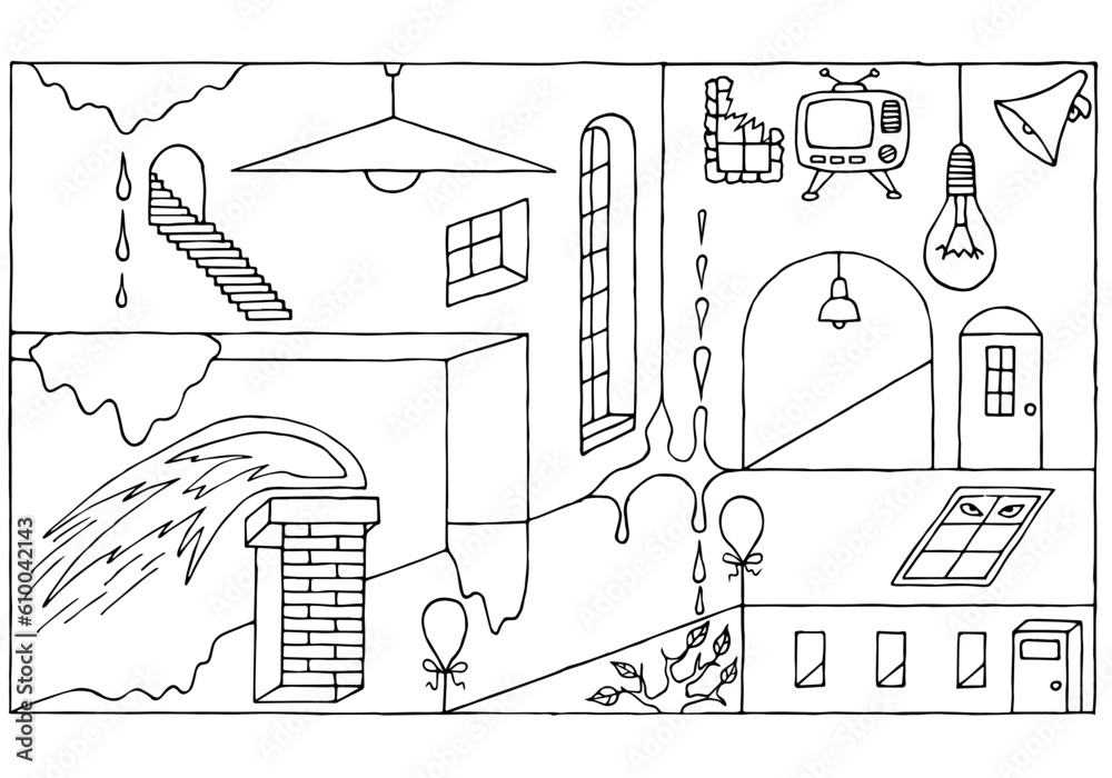 Psychedelic, surreal room interior. Hand Drawn. Freehand drawing ...