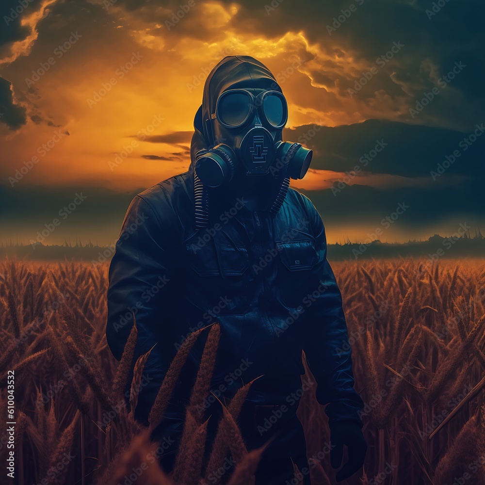 ภาพประกอบสต็อก man gas mask standing wheat field profile science ...