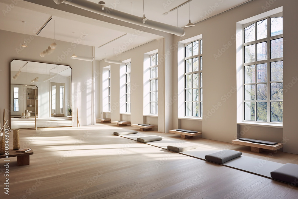 Yoga studio with a minimalist design, ample floor space, and large ...