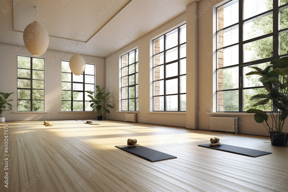 Yoga studio with a minimalist design, ample floor space, and large ...