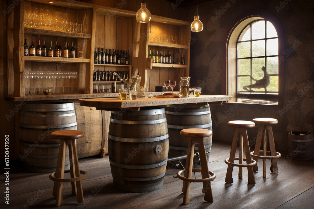Rustic wine bar with a reclaimed wood bar counter, wine barrel tables ...