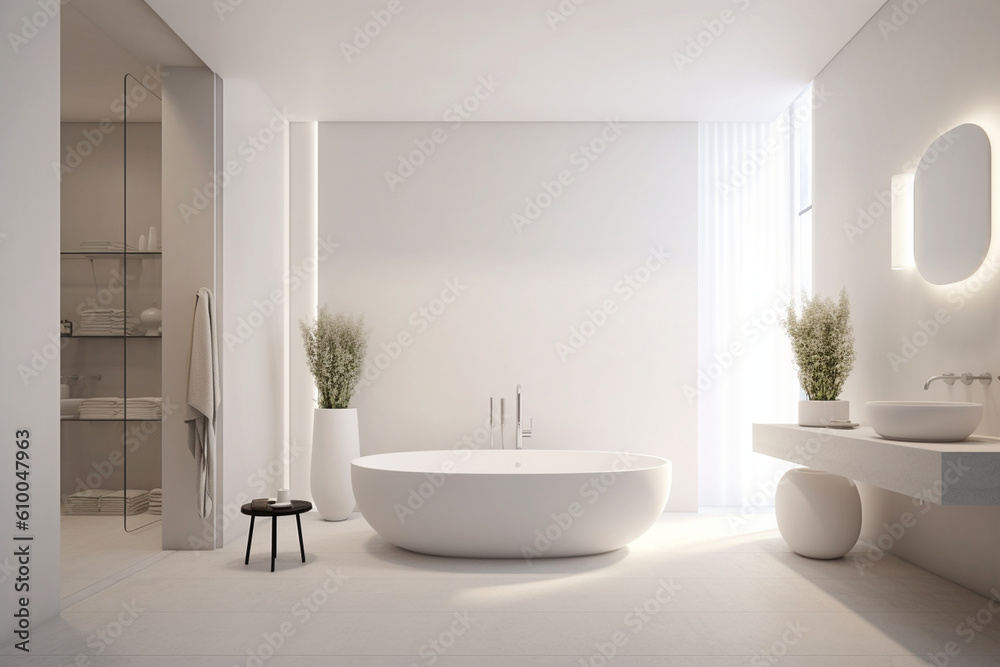 Bathroom with clean design, minimalist fixtures, and a freestanding ...