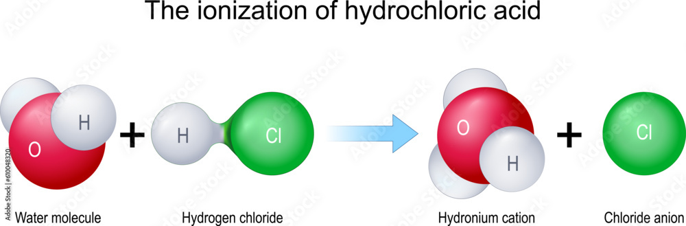 Chemical reaction between water and hydrogen chloride Stock Vector ...